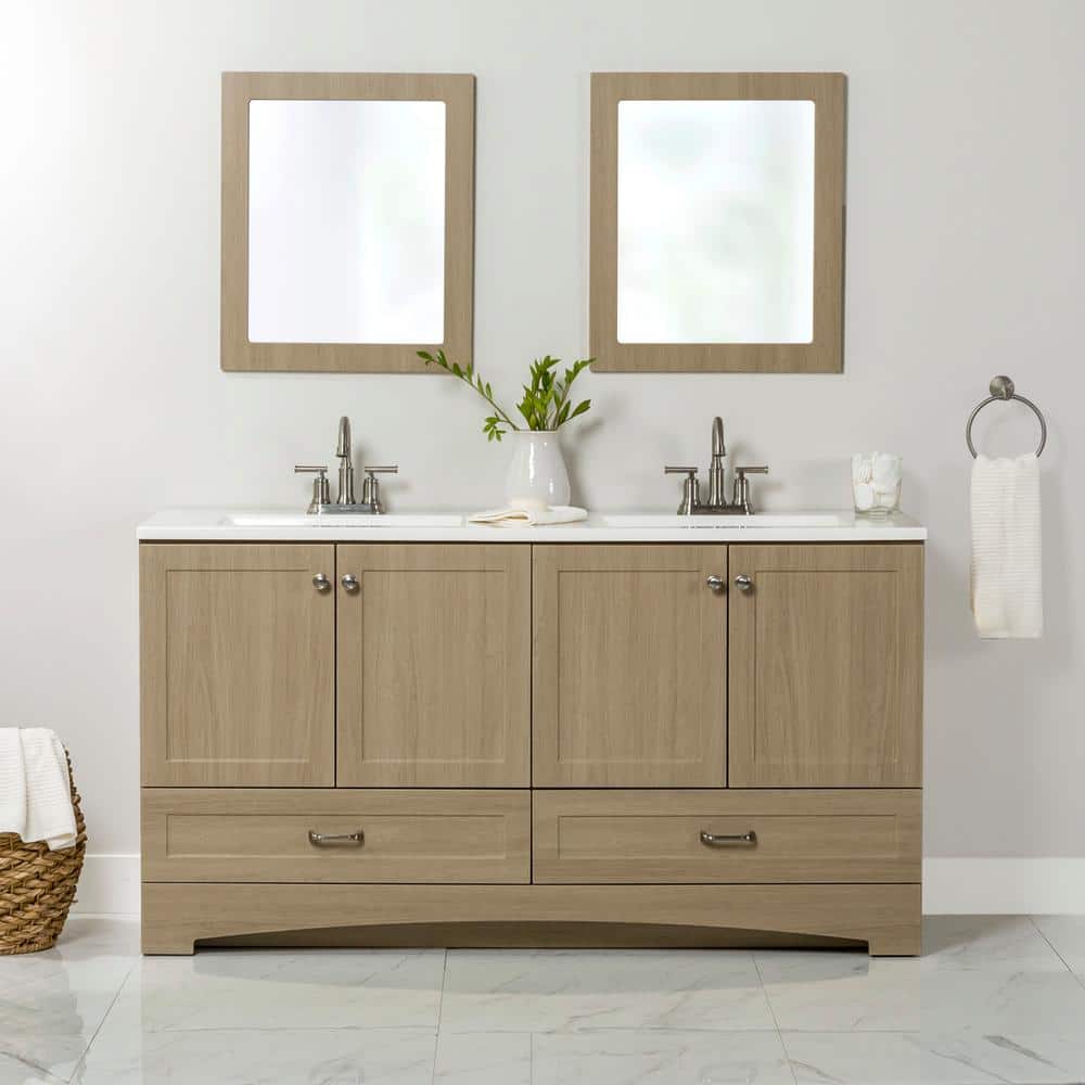 Glacier Bay Lancaster 61 in. Double Sink Beige Oak Bath Vanity with ...