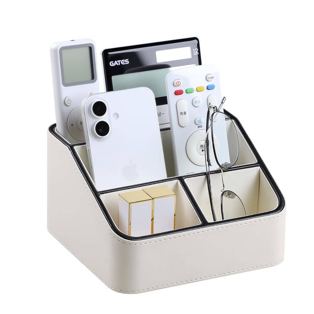 Cream PU leather remote control caddy, a rounded bedside organizer， 6 ...