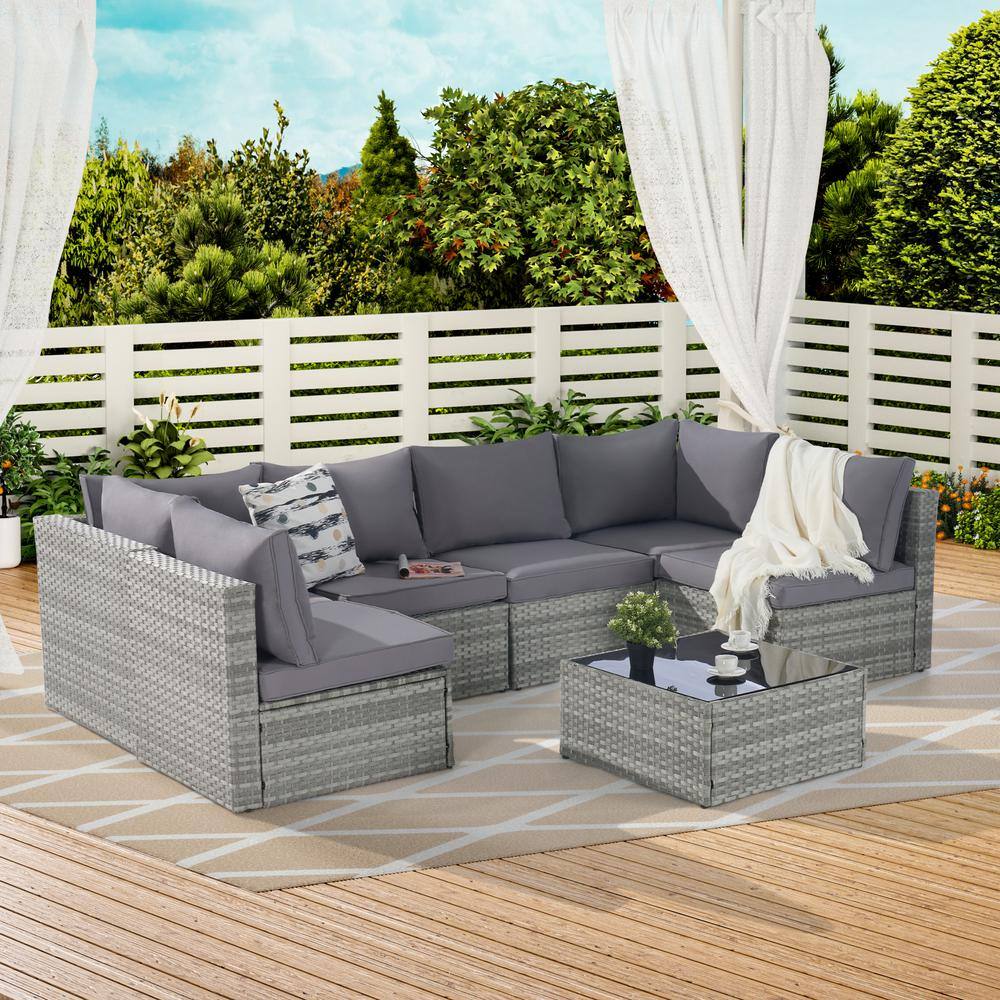 7 Piece PE Wicker Outdoor Patio Sectional Set Couch with Coffee Table ...
