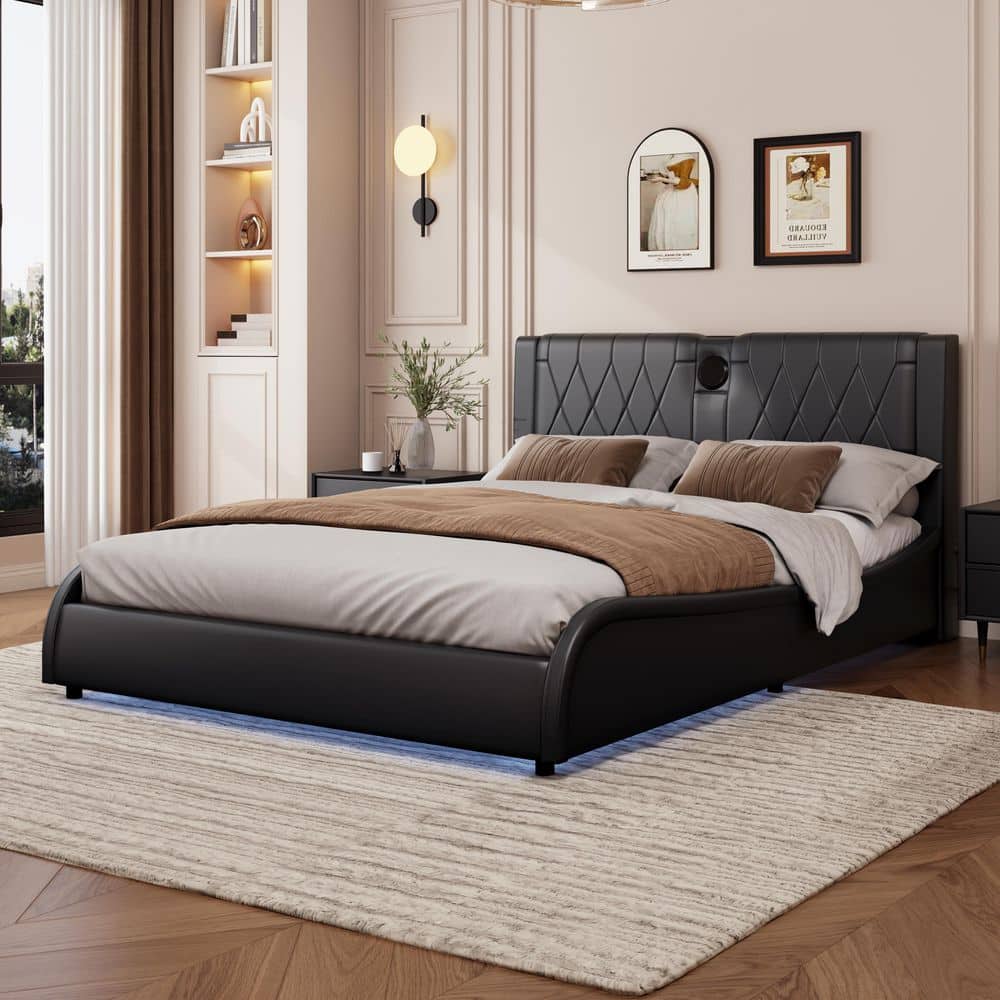 Seafuloy Faux Leather Upholstered Black Wood Frame King Platform Bed ...