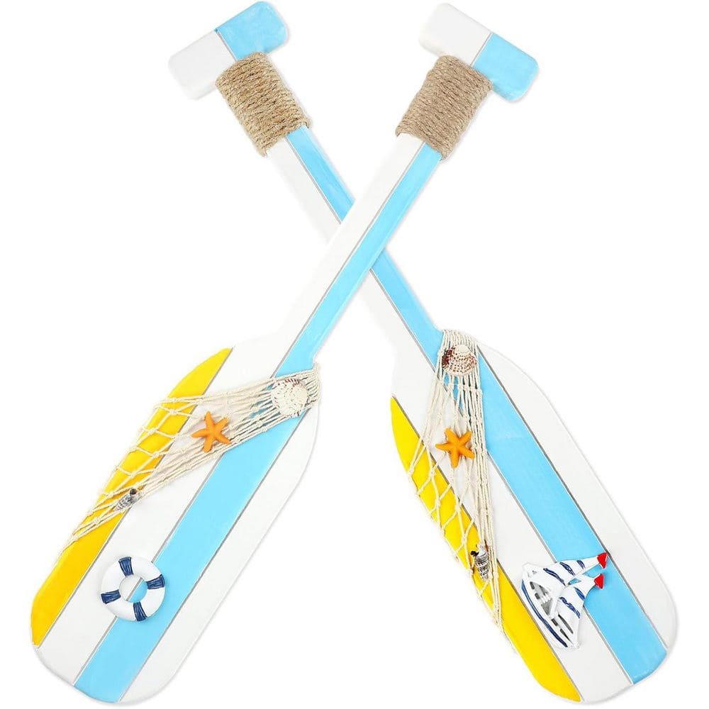 2-Piece 4 in. x 20 in. Blue and Yellow Nautical Wooden Double Oar Decor ...