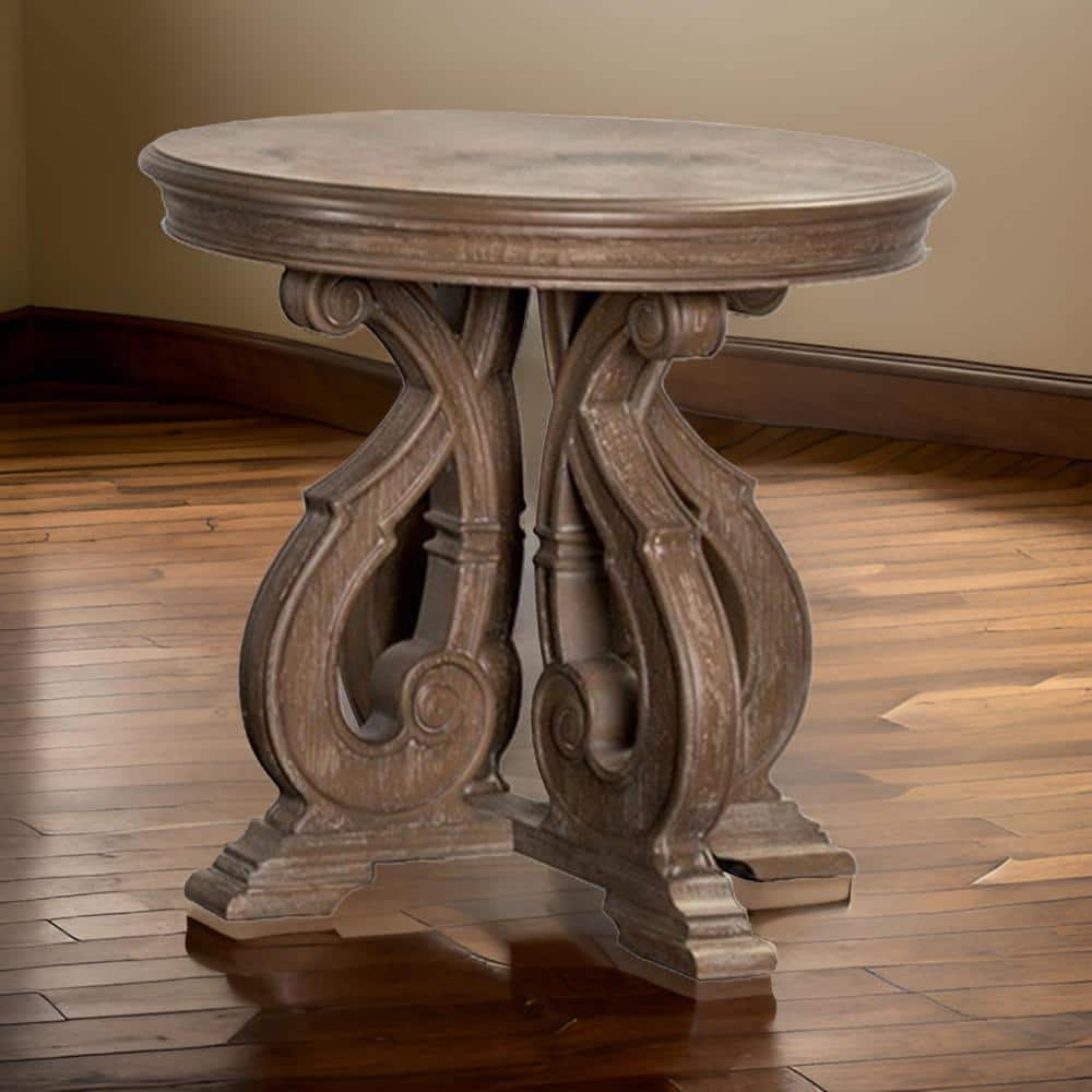 Benjara 27 in. Brown Round Wood End Table with Carved Details BM319505 ...