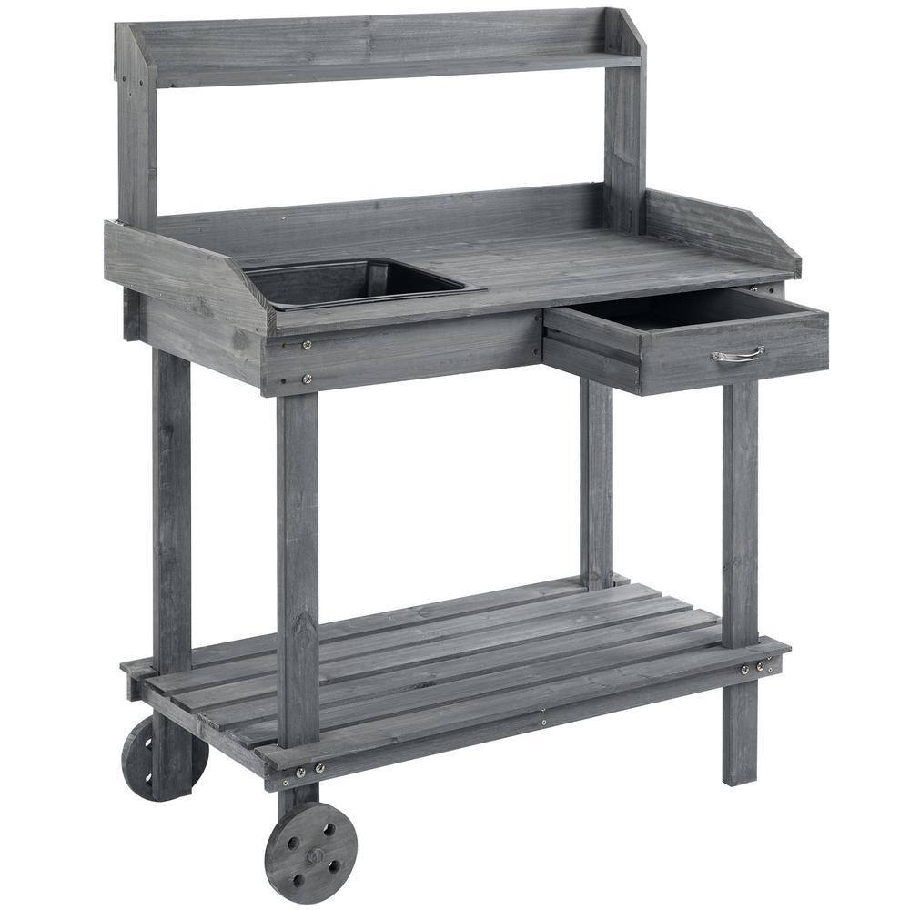 Huluwat 36 in. W x 46 in. H Gray Wooden Potting Bench Work Table with 2 ...