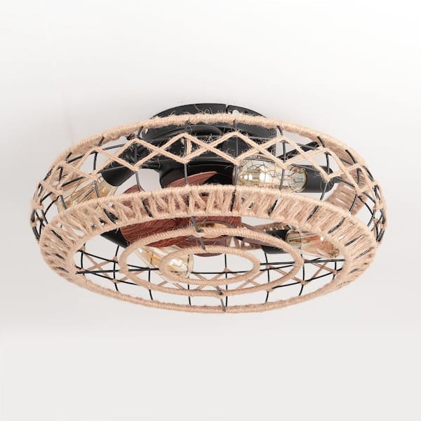 INNOBULE 8.8 in. 4-Light Gold Industrial Rope Caged Semi-Flush Mount ...