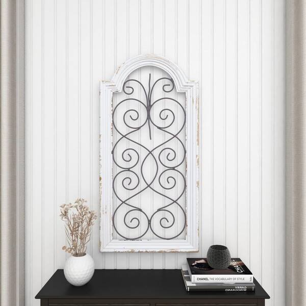Litton Lane 10 in. x 20 in. Wood White Arched Window Inspired Scroll ...