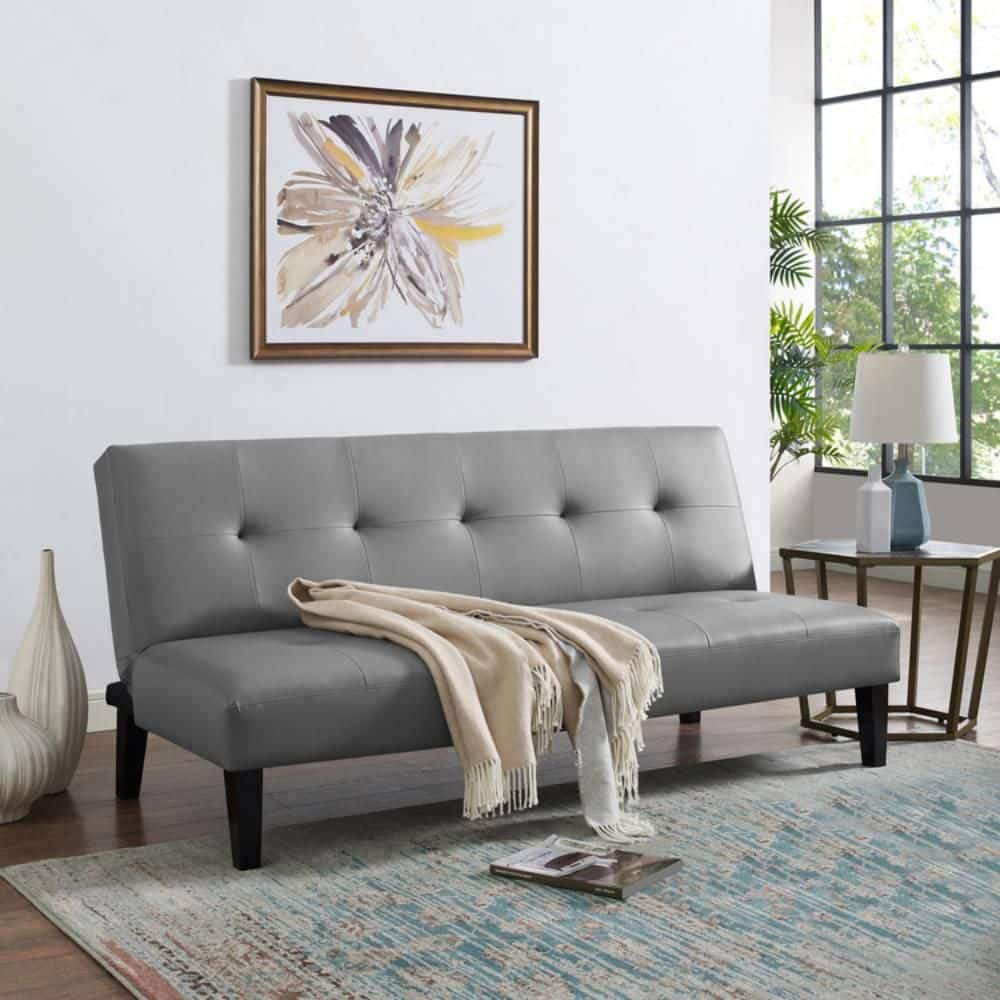 HOMESTOCK Gray Futon Sofa Bed, Faux Leather Futon Couch, Sofa Bed Couch ...