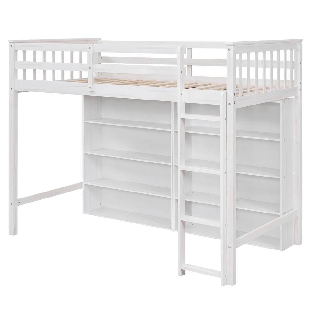 Nestfair White Twin Size Wood Loft Bed with 8 Open Storage Shelves ...