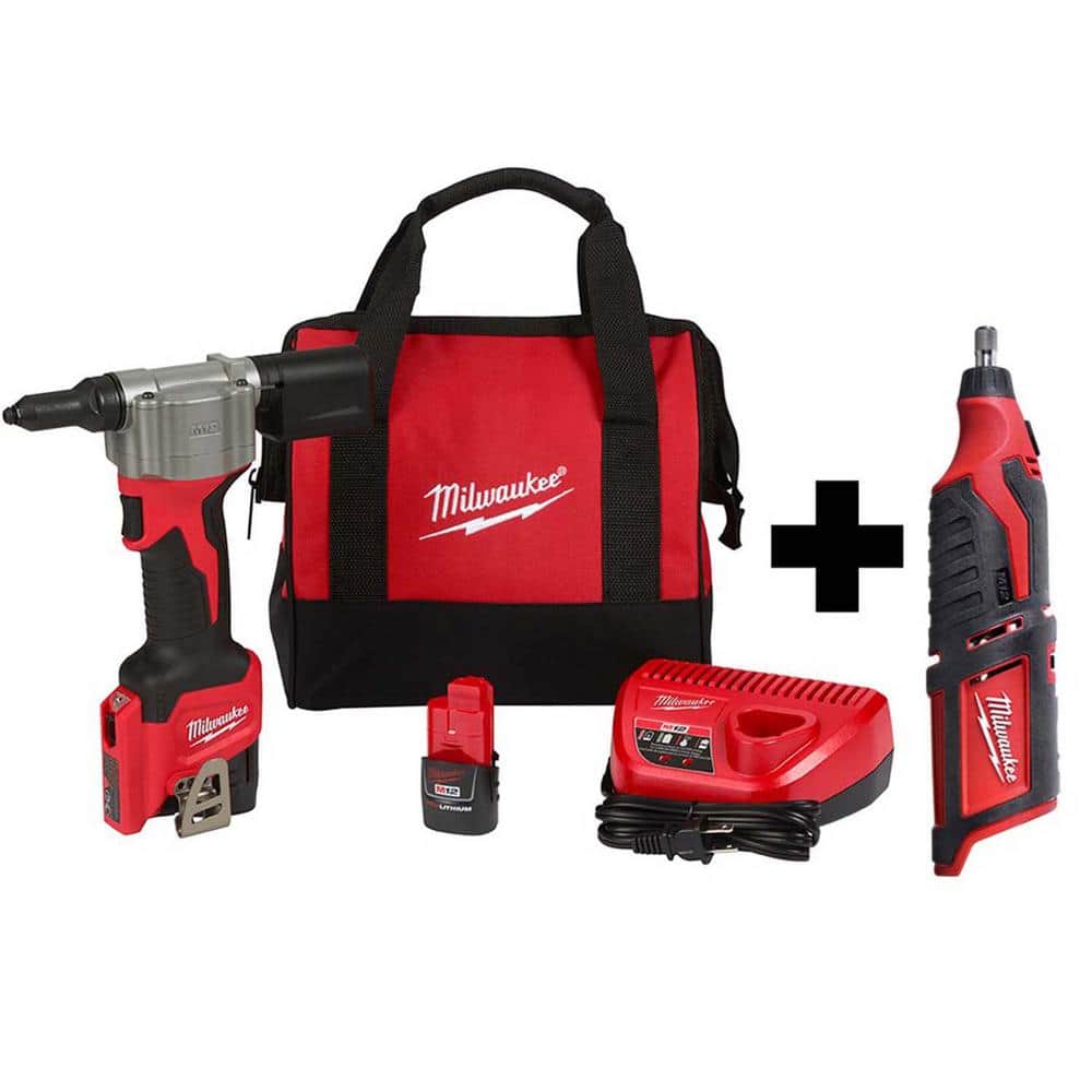 Milwaukee M12 12-Volt Lithium-Ion Cordless Rivet Tool Kit with (2) 1 ...