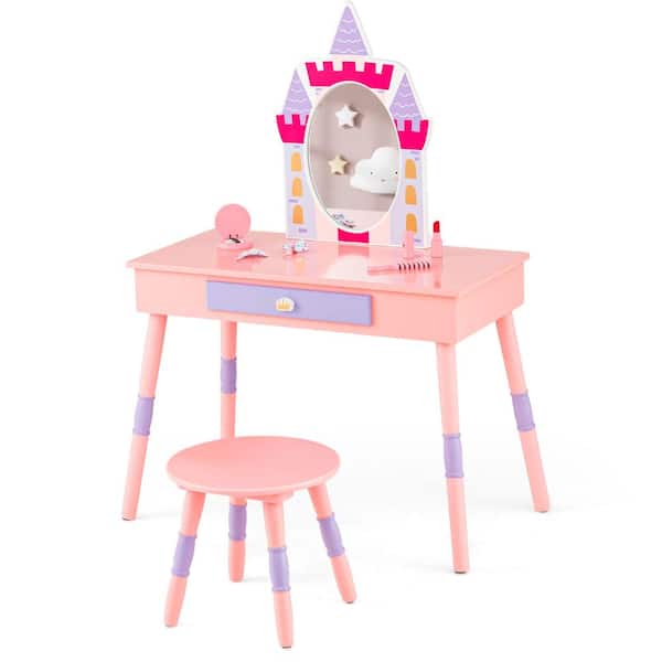 Bunpeony Kids Pink Castle Vanity Table and Stool Set with Real Silver ...