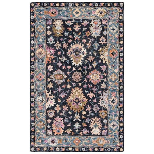 SAFAVIEH Aspen 4 ft. x 6 ft. Black/Light Blue Floral Border Area Rug ...