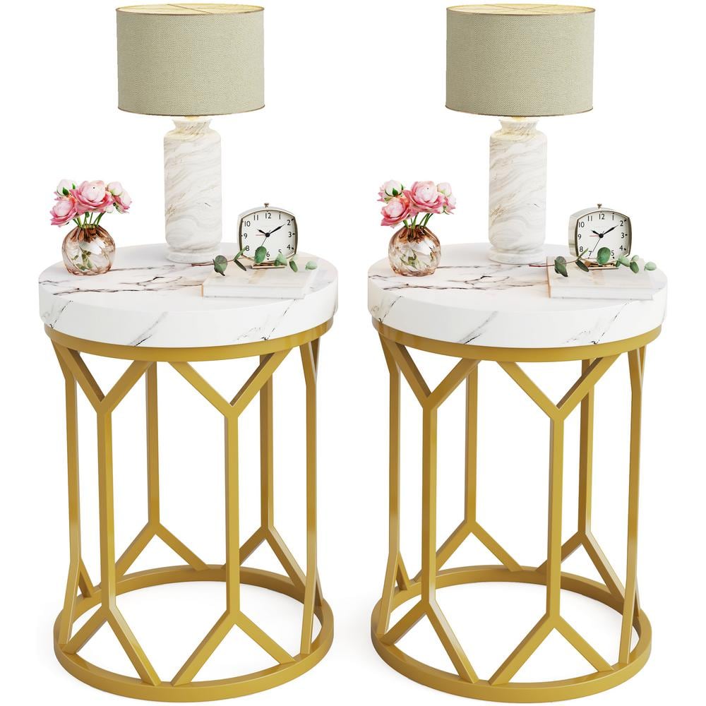 BYBLIGHT Kerlin 19.68 in. Gold Round White Faux Marble Engineered Wood ...