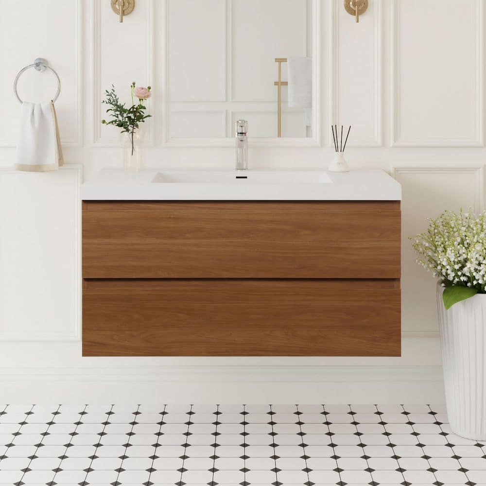 Ziyudura 42 in. Single Sink Floating Honey Gold Walnut Bath Vanity with ...