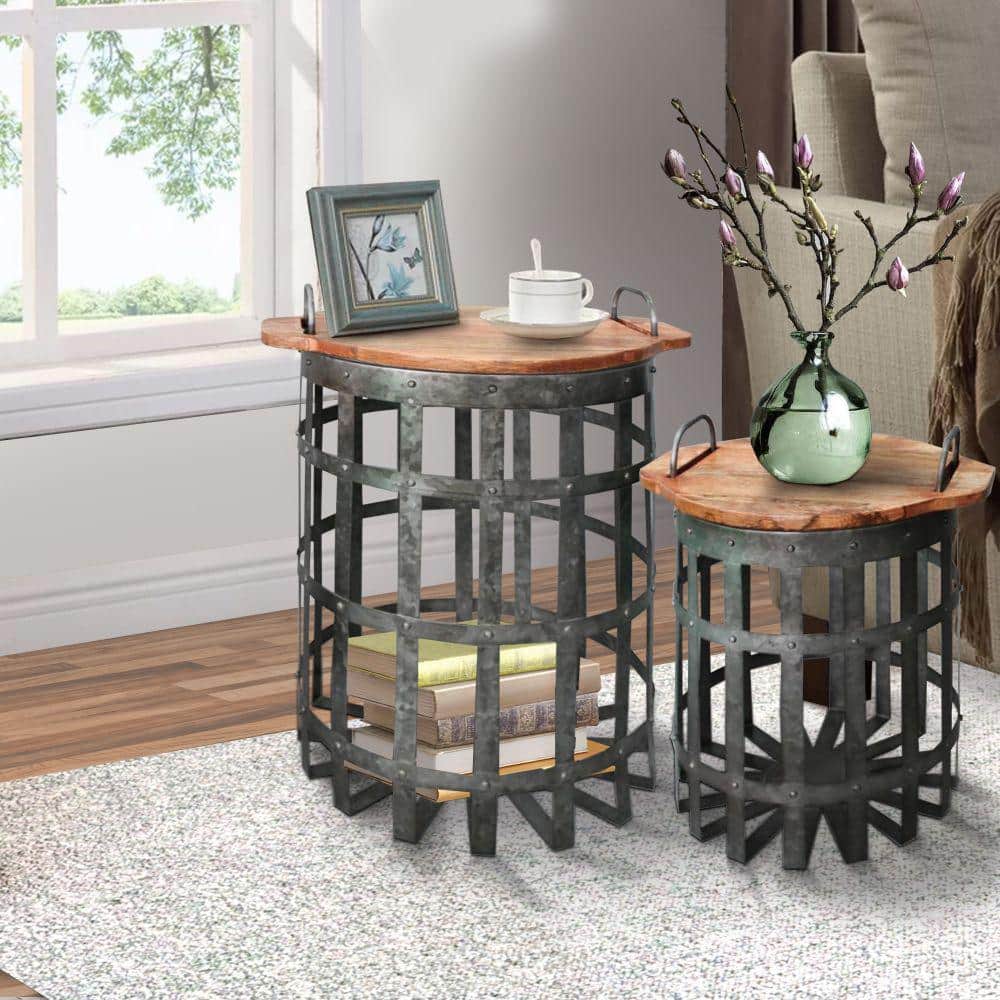 Benjara Industrial Grid Galvanized 20.5 in. H Gray and Brown Accent End Table with Round Lid and Handles Set of 2 I551 FDS003 The Home Depot