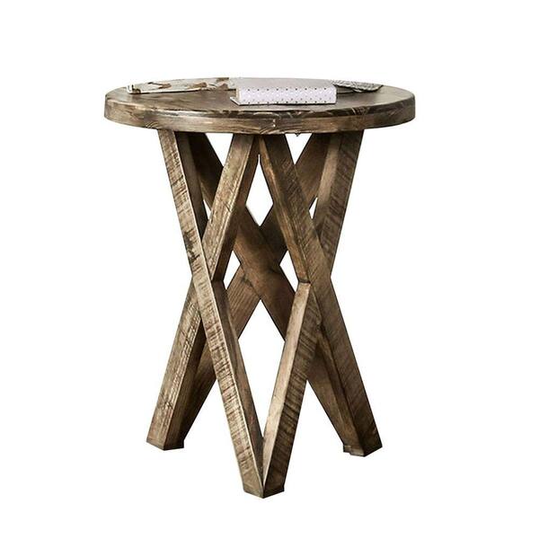 Benjara 23 in. Ash Brown Round Wood End Table with Crossed Legs ...