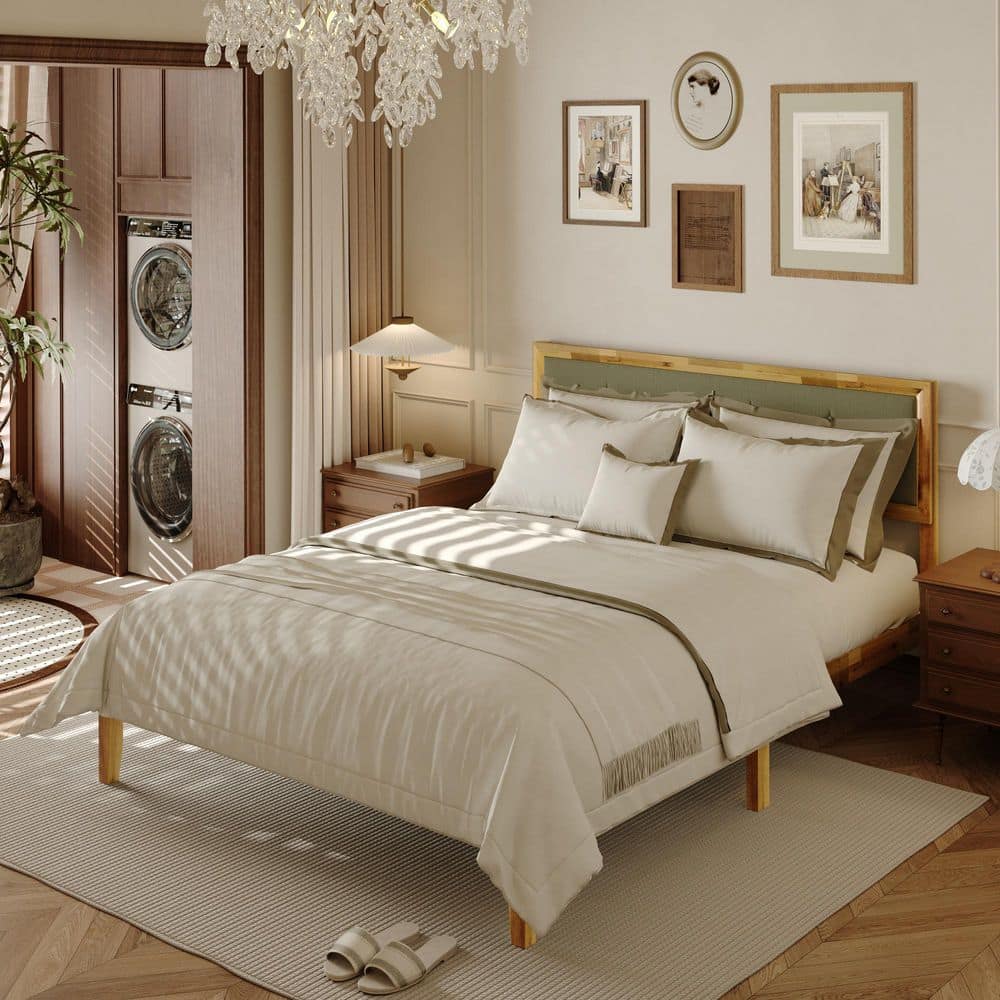 FUFU&GAGA Brown 100% Solid Wood Frame Queen Platform Bed with Fabric ...