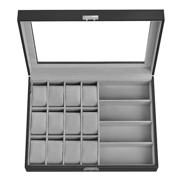 Black PU Leather 16-Slot Watch Box with Glass Lid and Dove Gray Lining ...