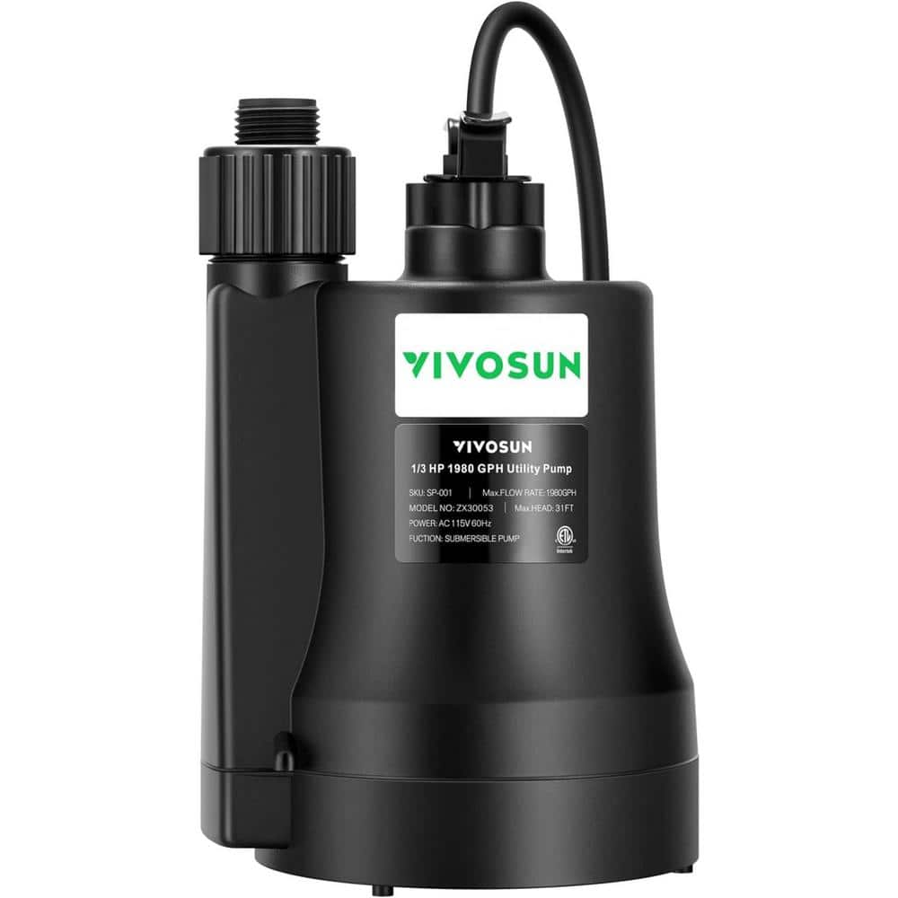 VIVOSUN 1/4HP 1620GPH Submersible Thermoplastic Utility Pump with 10 ft ...