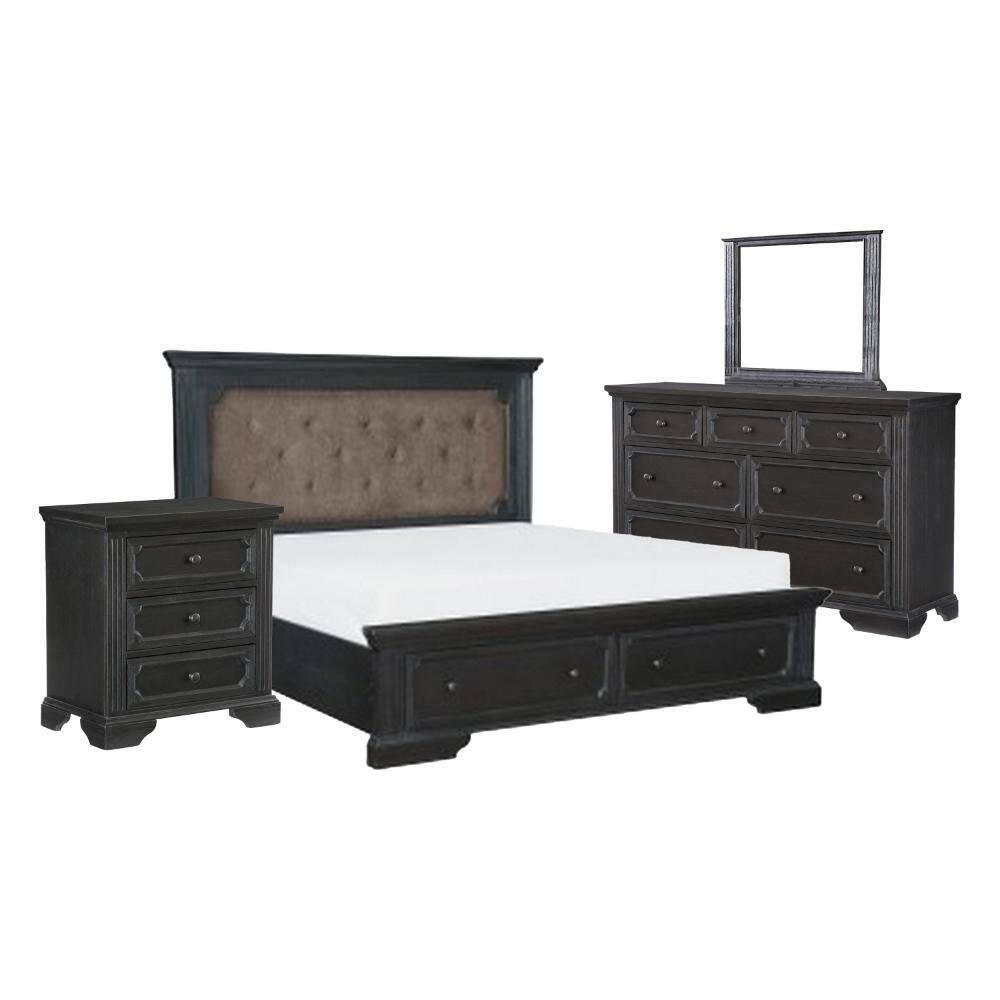 Benjara Aly 4-Pieces Charcoal Gray Engineered Wood Queen Bedroom Set ...