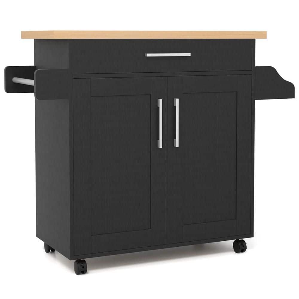 Costway Rolling Kitchen Black Island Cart Storage Cabinet with Towel ...