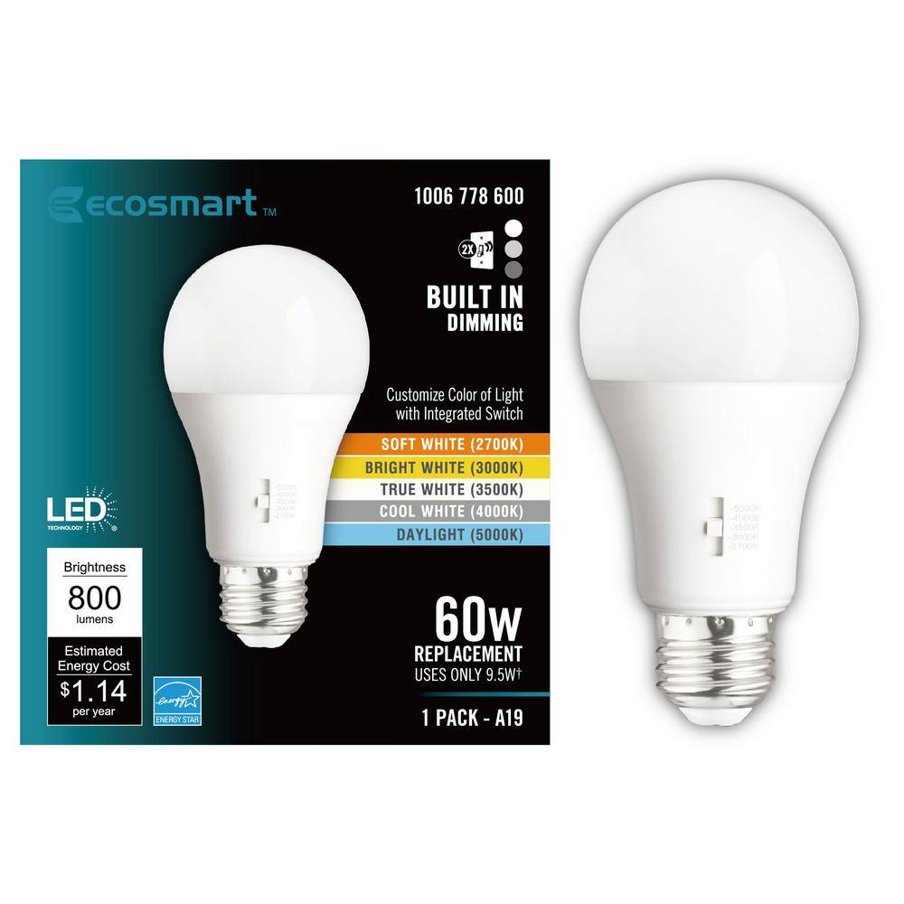 EcoSmart 60 Watt Equivalent A19 CEC Built In Dimming LED Light Bulb EcoSmart 60 Watt Equivalent A19 CEC Built In Dimming LED Light Bulb