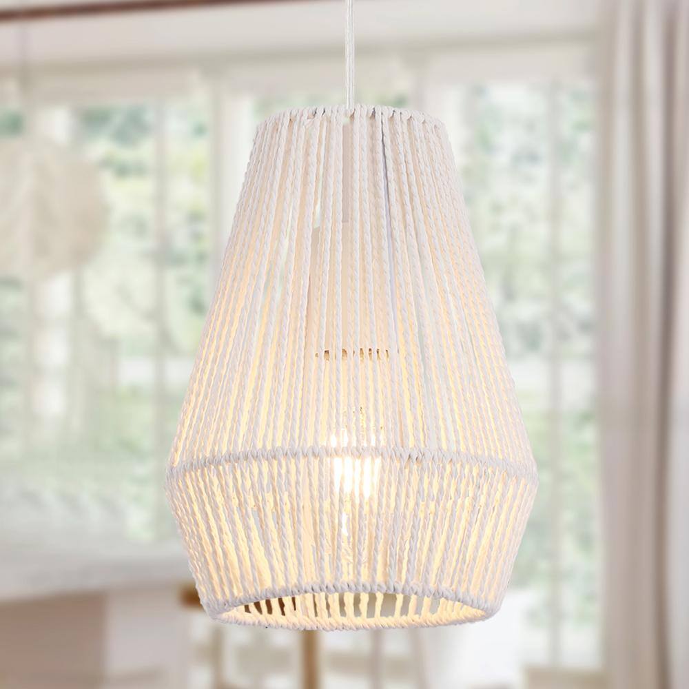 LamQee 60-Watt 1-Light White Bohemian Island Pendant Light with Natural ...