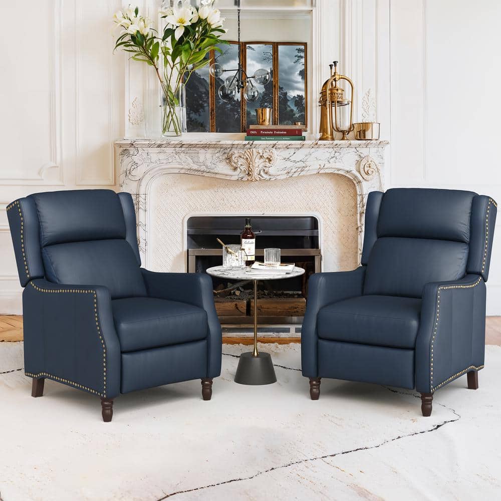 OrangeOne Lange 28 in. W Navy Genuine Leather Nailhead Trim Recliner ...