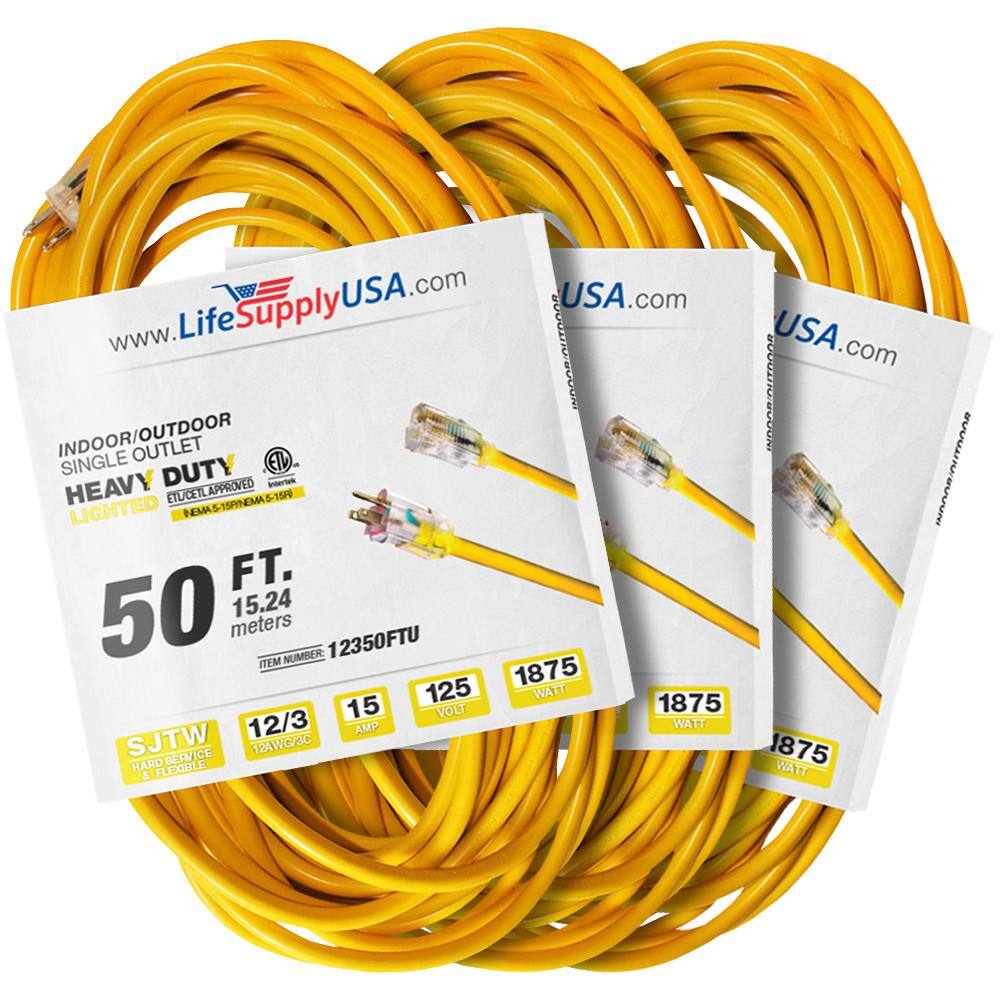 LifeSupplyUSA 50 ft. 12 Gauge/3 Conductors SJTW Indoor/Outdoor ...