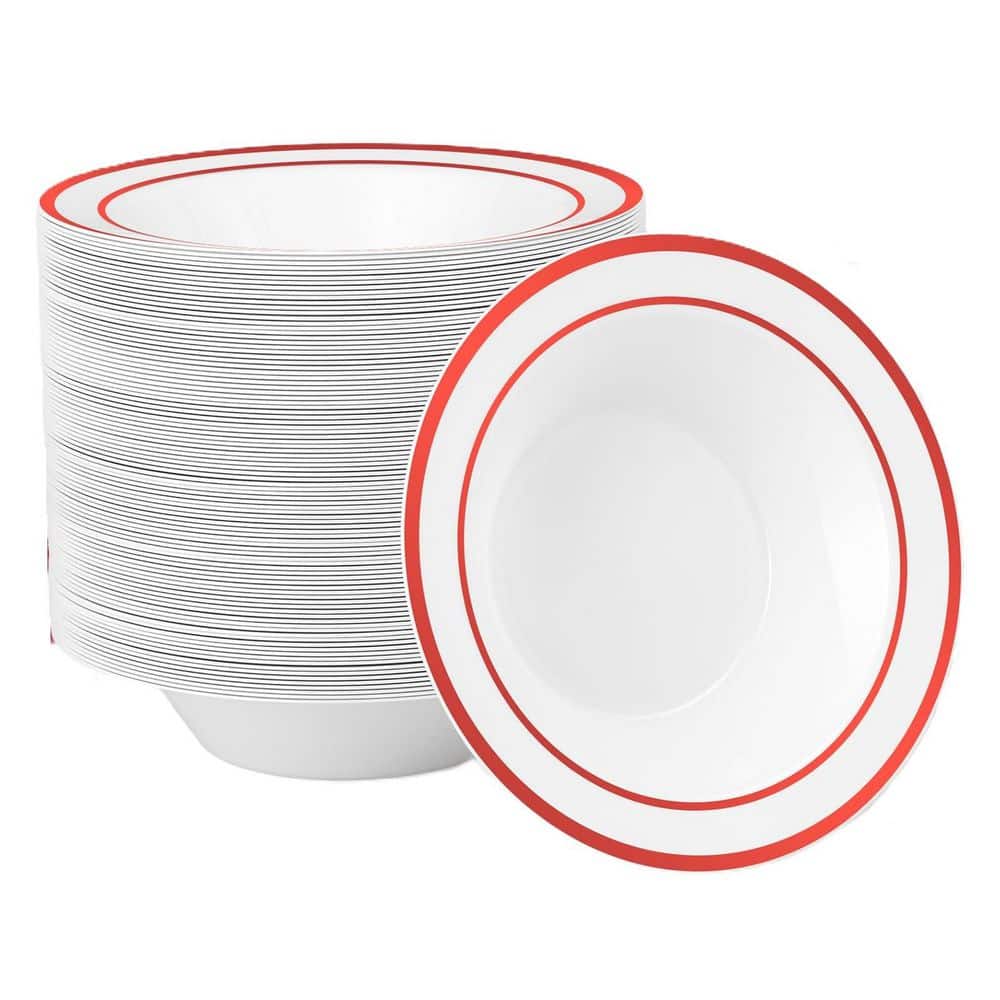 Wudkey 100-Pack 12 fl. oz. Plastic Bowls with Red Rim, Disposable Soup ...