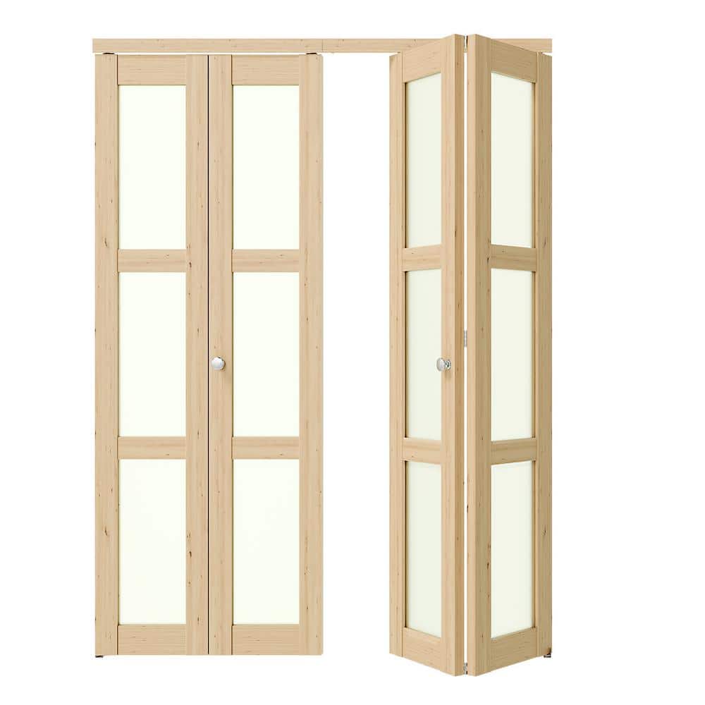 TENONER 60 in. x 80 in. Frosted Glass, Solid Core, Light Brown, 3-Lite ...