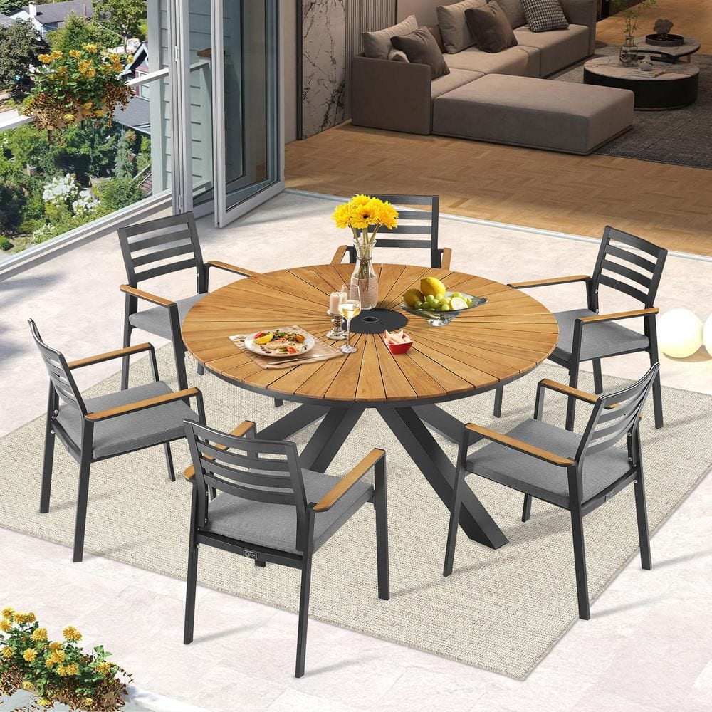 PEAK HOME FURNISHINGS SLIM 7-Piece Aluminum Outdoor Dining Set with Gray Cushions RA-970485S ...