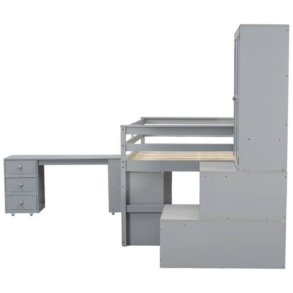 Polibi Gray Full Size Wood Loft Bed with Under-bed Desk, Drawers, Shelves RD14-19545AAE - The ...