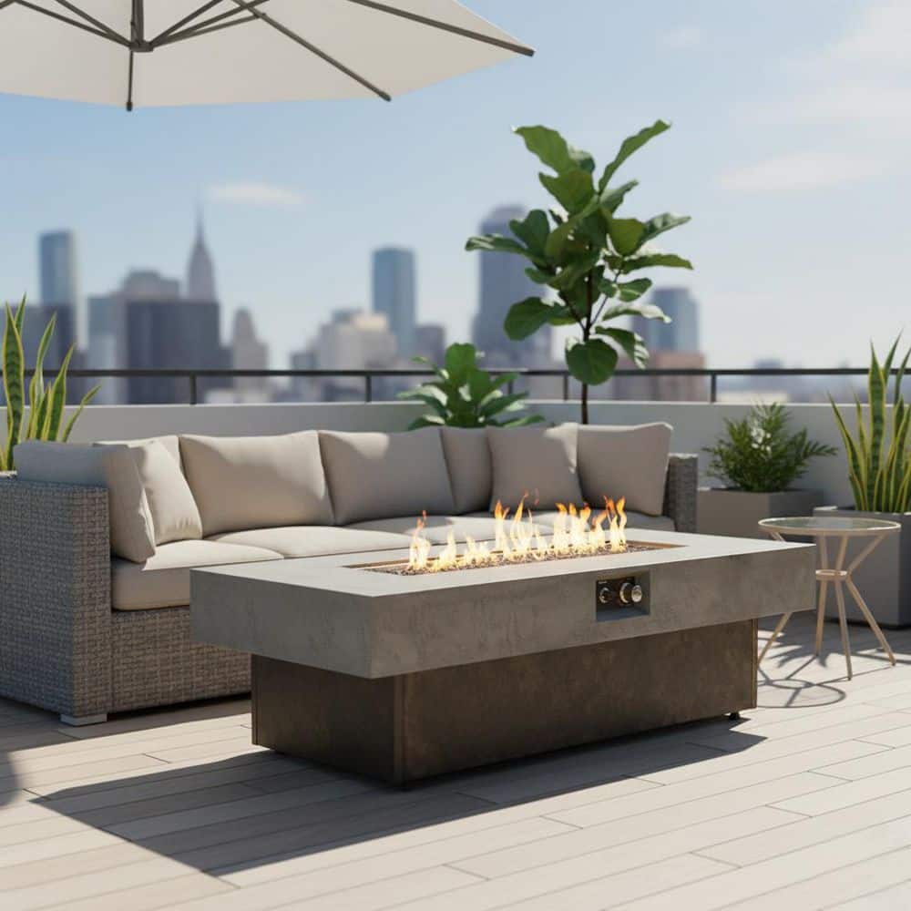 Noble House Davida 55 in. 50000 BTU Cement Grey Rectangle Iron Propane ...