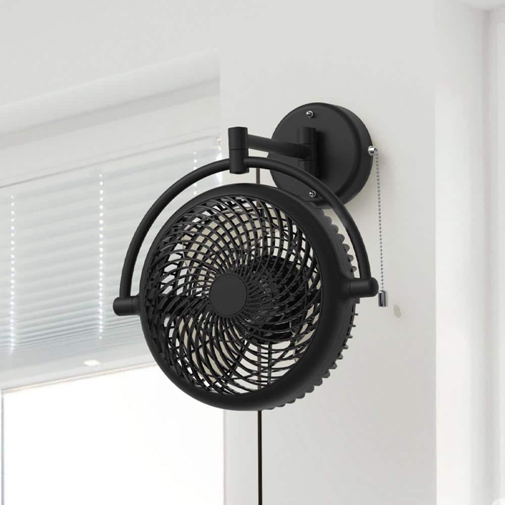 10 in. 2-Speeds Wall Fan in Black with Pull Chain Control 180 ...