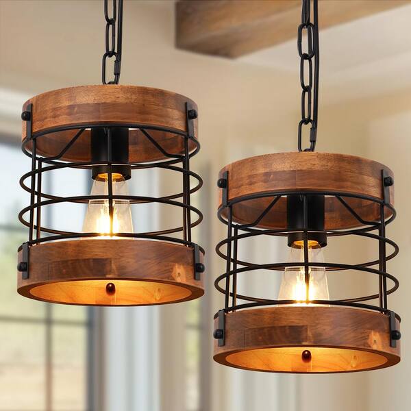 YANSUN 8 in 1-Light Industrial Retro 1-Light Pendant Light Wood and ...