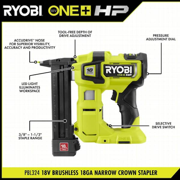 RYOBI ONE+ HP 18V Brushless Cordless 18-Gauge Narrow Crown Stapler ...