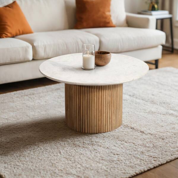 Liv & Skye 34 in. Brown Round Wood and Marble Reeded Coffee Table 17525 ...