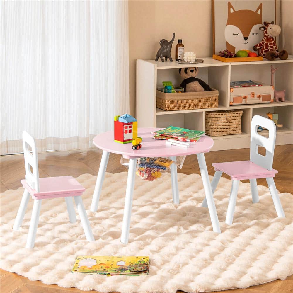 Costway Kids Wooden Pink Round Table and 2 Chair Set with Center Mesh ...