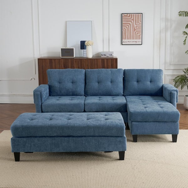 Qualler 83.4 in. Chenille L-Shaped Sectional Sofa in. Navy Blue with ...
