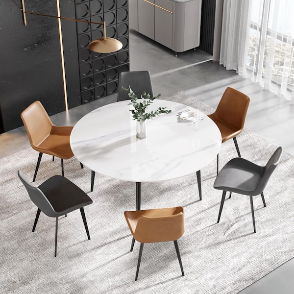 59.05 in. Modern Round Dining Table White Sintered Stone Tabletop Dining Table with Solid Black 4 Legs Seat 8