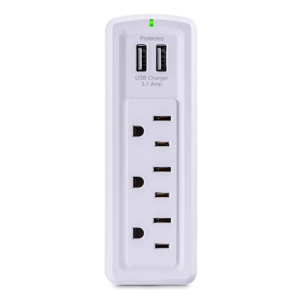 CE TECH 3-Outlet Travel Wall Mounted Surge Protector with USB, White ...