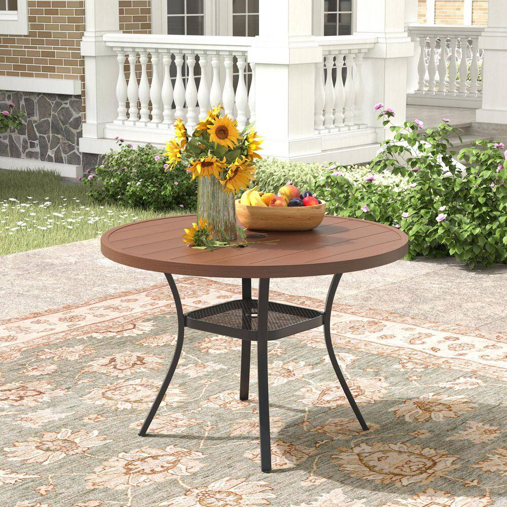 Walnut 42 in. Round Metal Outdoor Dining Table for 4, Patio Table with ...