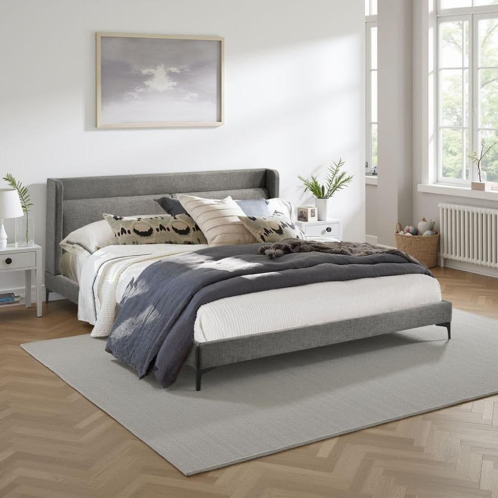 Benjara Legend Gray Wood Frame Queen Size Platform Bed with Black Metal ...
