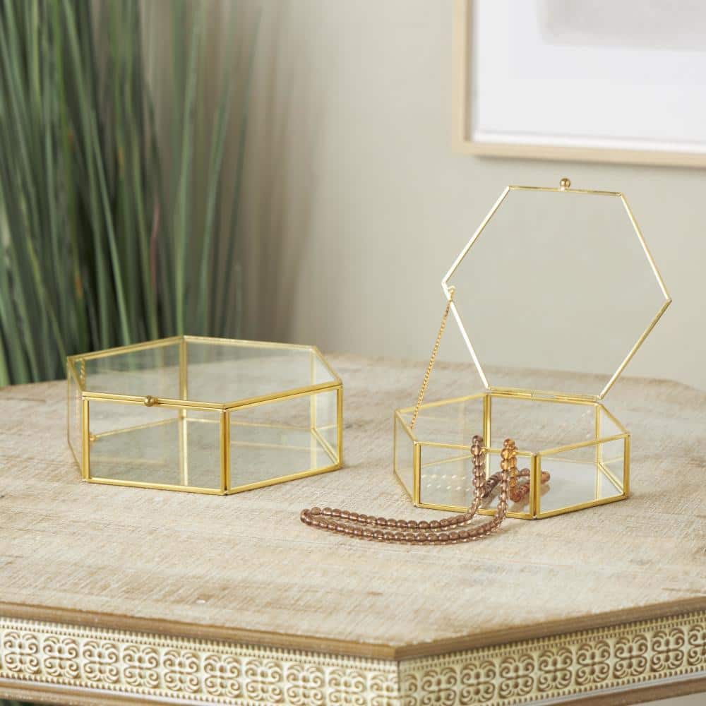 Litton Lane Clear Glass Geometric Hexagon Jewelry Box with Gold Metal ...