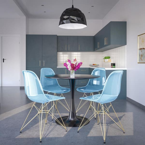 Leisuremod 5 Piece Dining Set 35 in. Round Dining Table with 4 ABS Plastic Side Chair with Gold Base in Transparent Blue BTBL 35BL CR19TBUG4