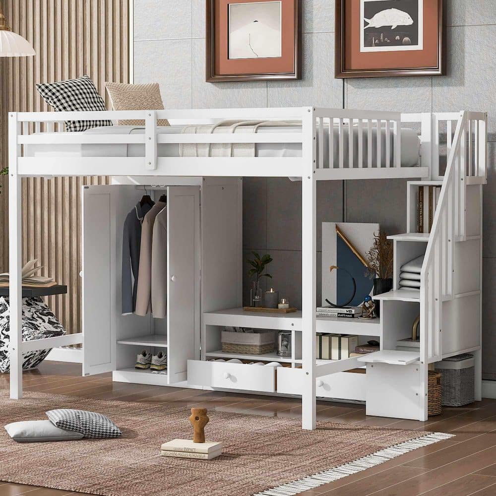 Polibi White Full Size Wood Loft Bed with Wardrobe, Low Storage Table and Storage Staircase RD14 ...
