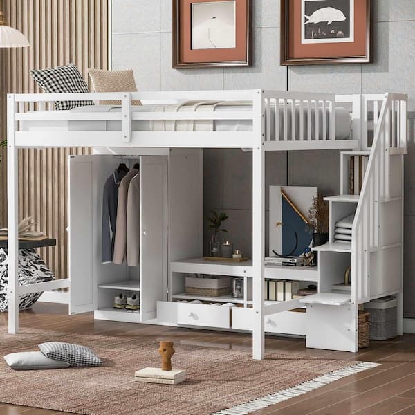 Polibi White Full Size Wood Loft Bed with Wardrobe, Low Storage Table and Storage Staircase RD14 ...