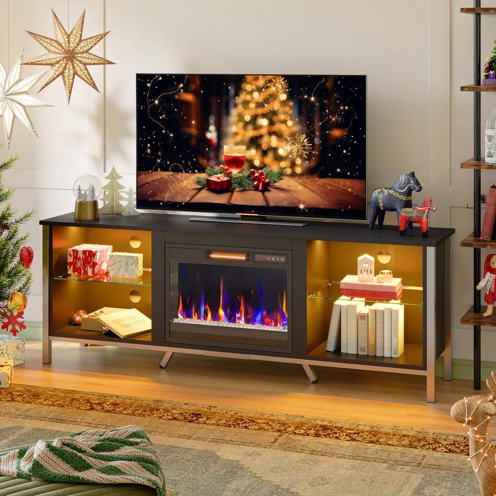 Bestier 70.87 in. Black Carbon Fiber TV Stand with Fireplace and Glass ...