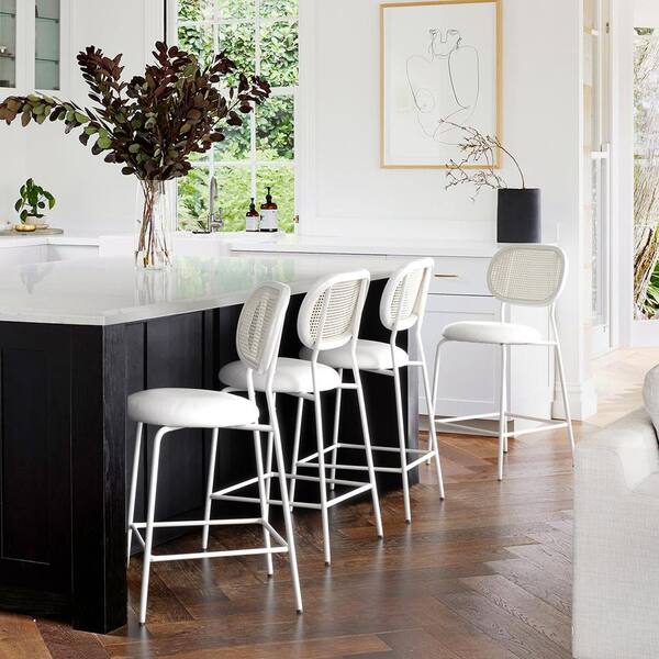LUE BONA 24 in. White Metal Frame Low Back Rattan Counter Height Bar Stools with Faux Leather Seat set of 2 23BS0028 900 The Home Depot