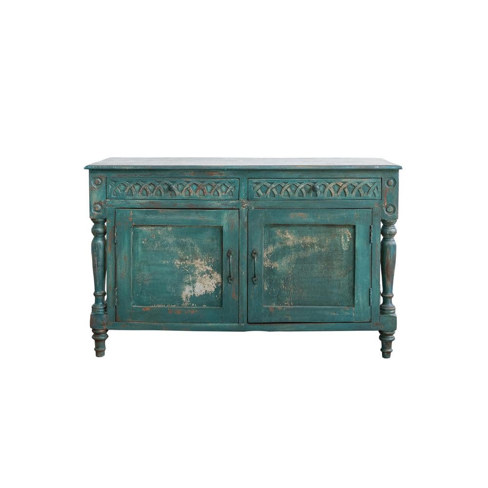 Storied Home Distressed Teal 29 in. Cabinet with Turned Legs, 2 Drawers ...