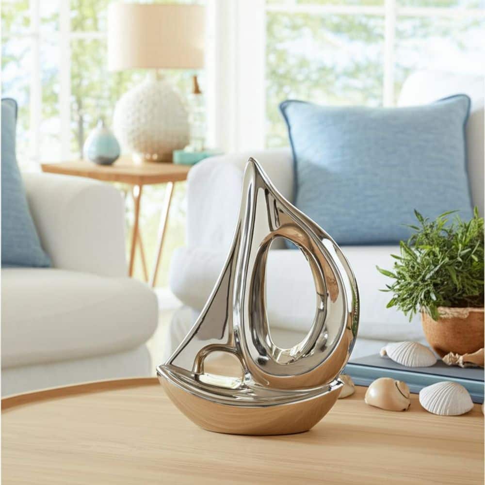 Liv & Skye Silver 6 in. x 8 in. Ceramic Sailboat 10855 - The Home Depot